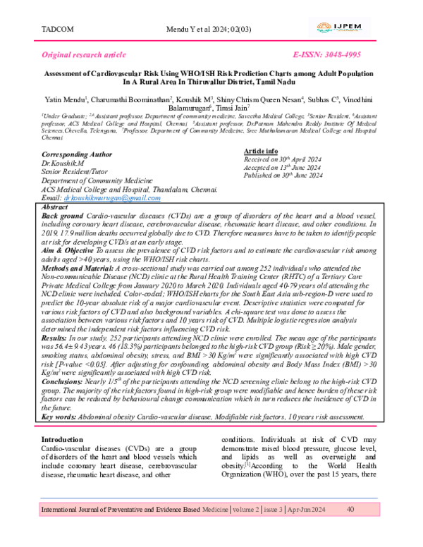 (PDF) Assessment of Cardiovascular Risk Using WHO/ISH Risk Prediction ...