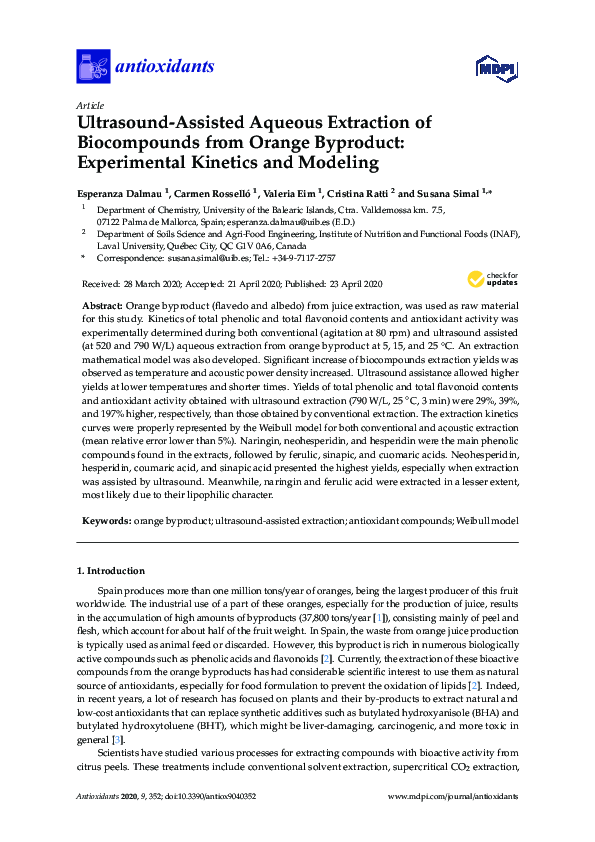 (PDF) Ultrasound-Assisted Aqueous Extraction of Biocompounds from Orange Byproduct: Experimental ...