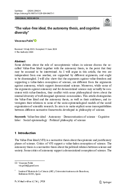 (PDF) "The value-free ideal, the autonomy thesis, and cognitive diversity"