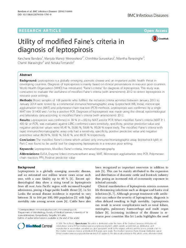 (PDF) Utility of modified Faine’s criteria in diagnosis of leptospirosis