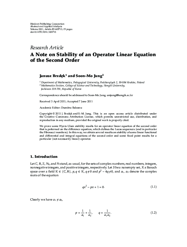 (PDF) A Note on Stability of an Operator Linear Equation of the Second ...