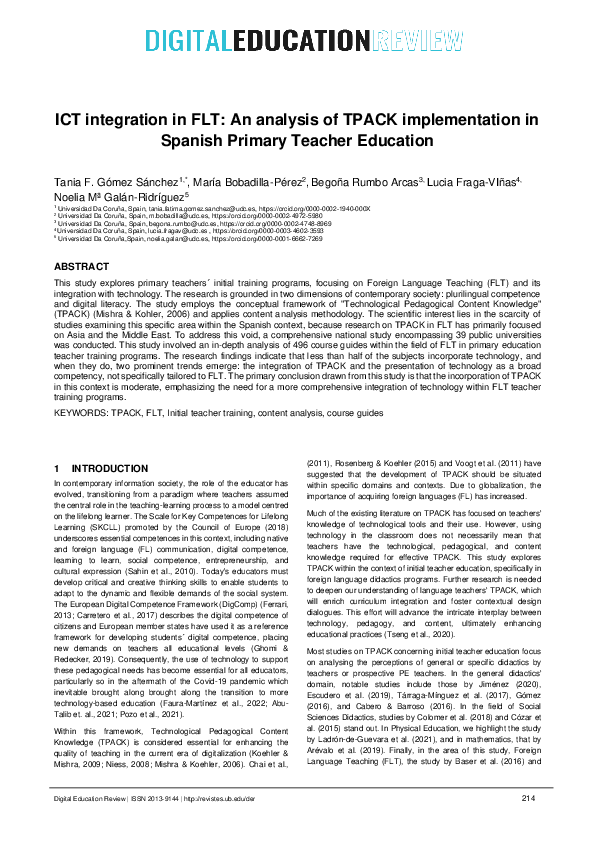 (PDF) ICT integration in FLT: An analysis of TPACK implementation in Spanish Primary Teacher ...