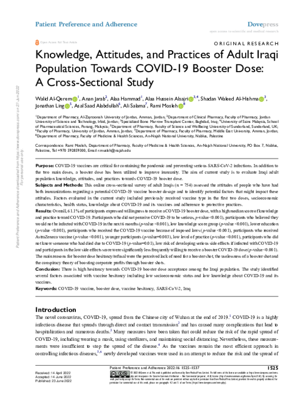 (PDF) Knowledge, Attitudes, and Practices of Adult Iraqi Population Towards COVID-19 Booster ...