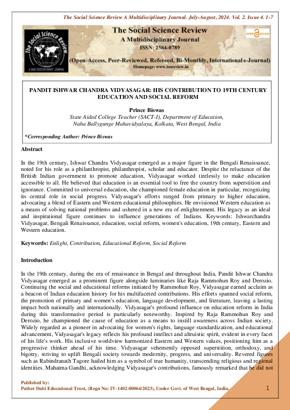 (PDF) PANDIT ISHWAR CHANDRA VIDYASAGAR: HIS CONTRIBUTION TO 19TH ...