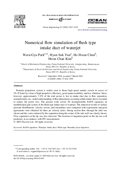 (PDF) Numerical flow simulation of flush type intake duct of waterjet