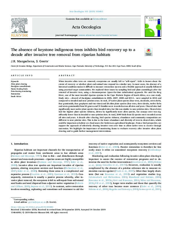 (PDF) The absence of keystone indigenous trees inhibits bird recovery ...