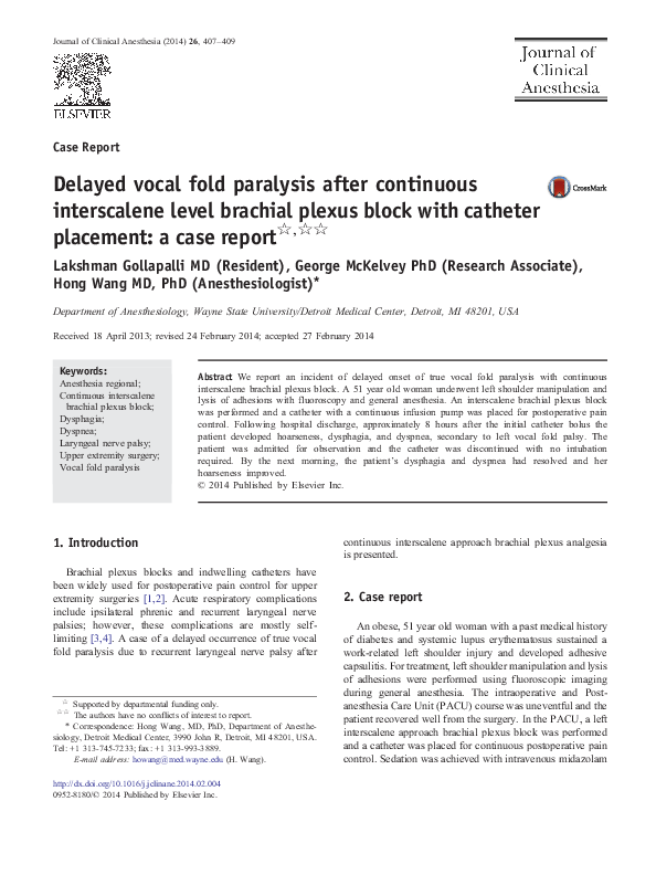(PDF) Delayed vocal fold paralysis after continuous interscalene level ...