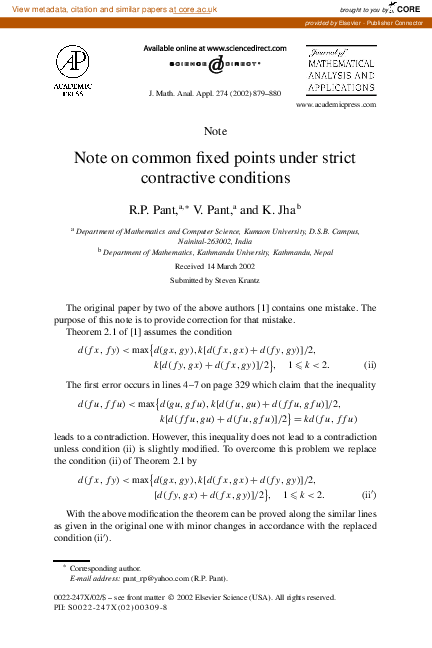 (PDF) Note on common fixed points under strict contractive conditions | Kanhaiya Jha - Academia.edu