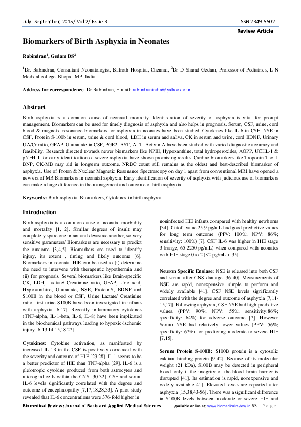 (PDF) Biomarkers of Birth Asphyxia in Neonates