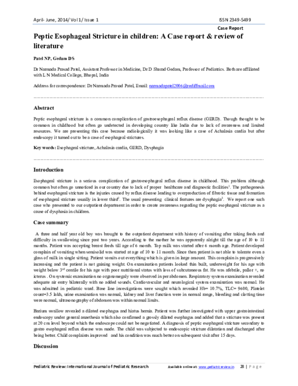 (PDF) Peptic Esophageal Stricture in children: A Case report & review ...