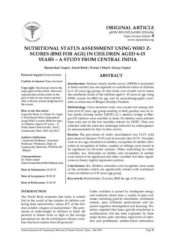 (PDF) NUTRITIONAL STATUS ASSESSMENT USING WHO Z-SCORES (BMI FOR AGE) IN ...