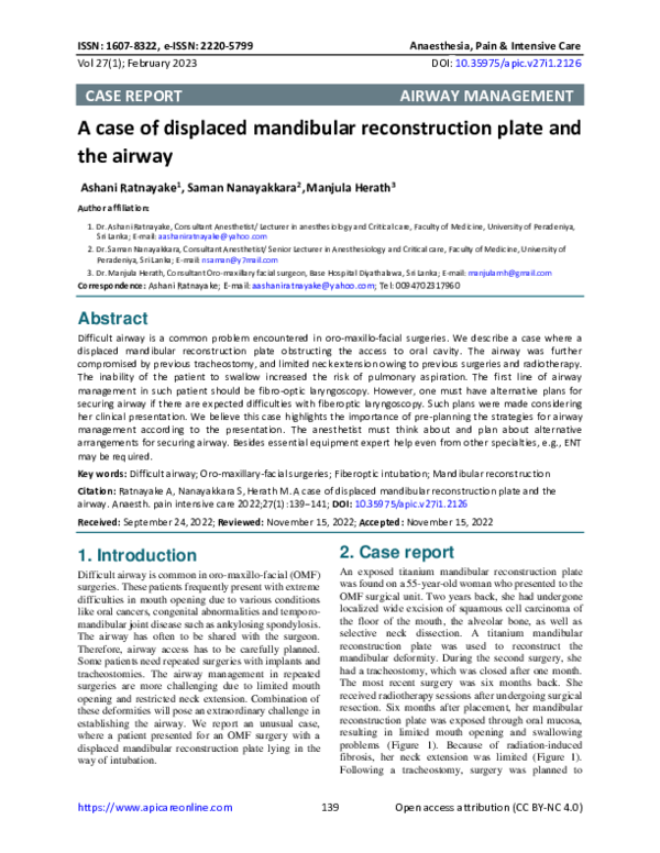 (PDF) A case of displaced mandibular reconstruction plate and the airway