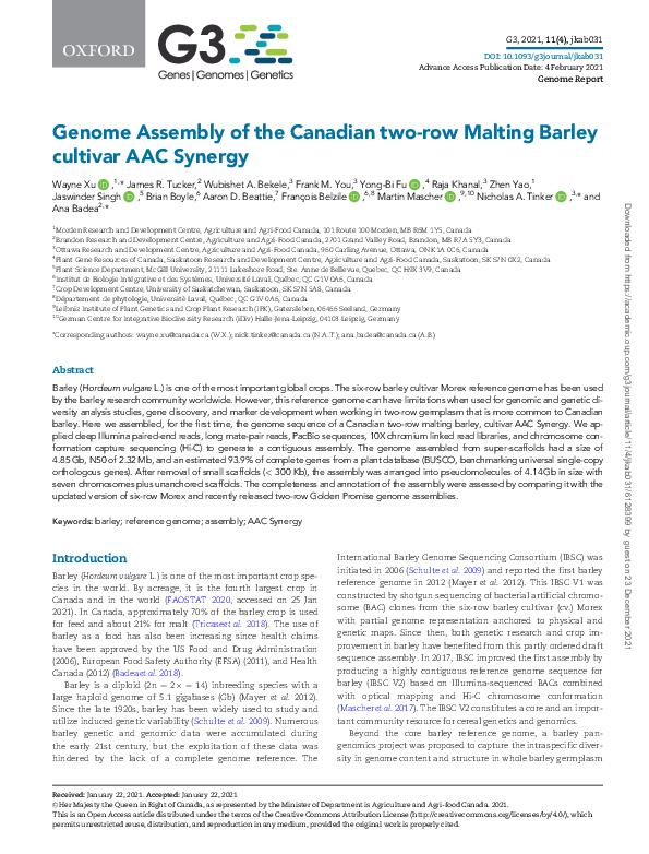 (PDF) Genome Assembly of the Canadian two-row Malting Barley cultivar ...