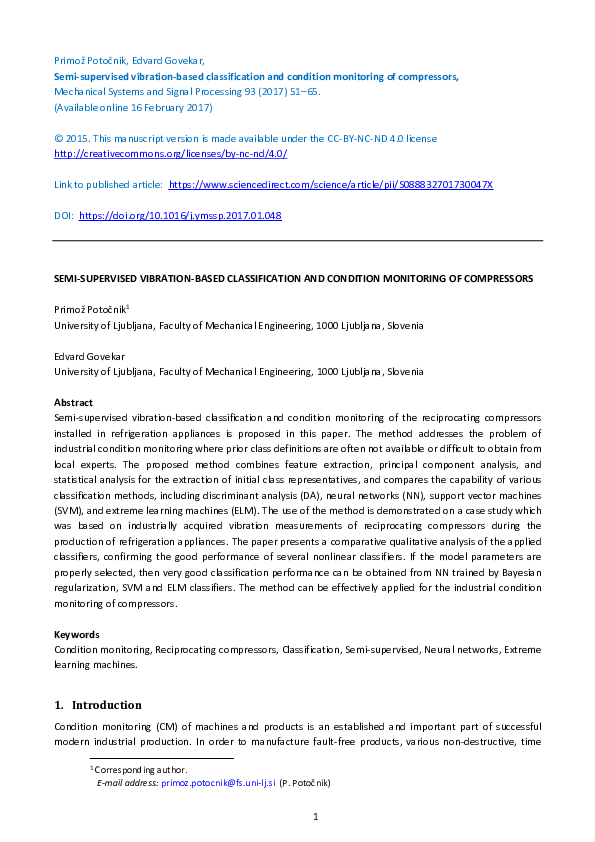 (PDF) Semi-supervised vibration-based classification and condition monitoring of compressors