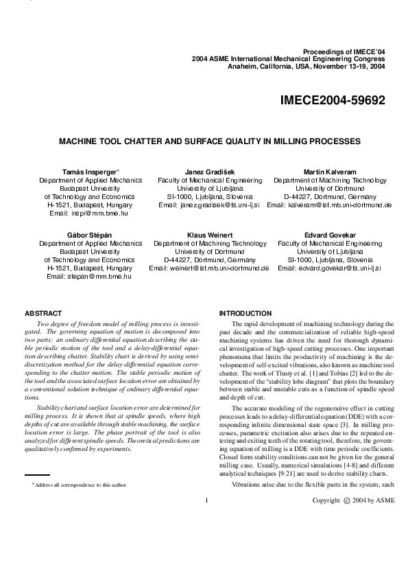 (PDF) Machine Tool Chatter and Surface Quality in Milling Processes