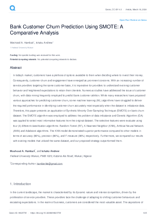 (PDF) Bank Customer Churn Prediction Using SMOTE: A Comparative Analysis
