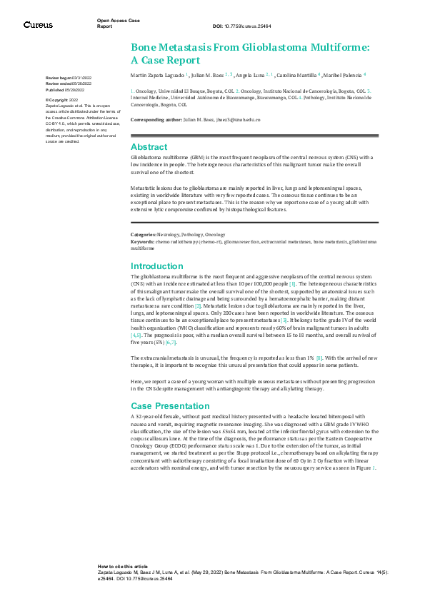 (PDF) Bone Metastasis From Glioblastoma Multiforme: A Case Report