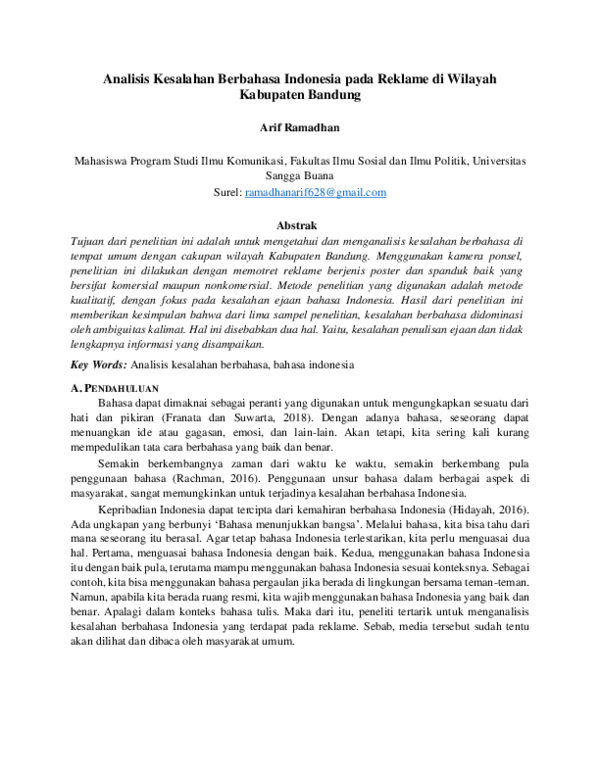 (PDF) Analisis Kesalahan Berbahasa Indonesia pada Reklame di Wilayah Kabupaten Bandung