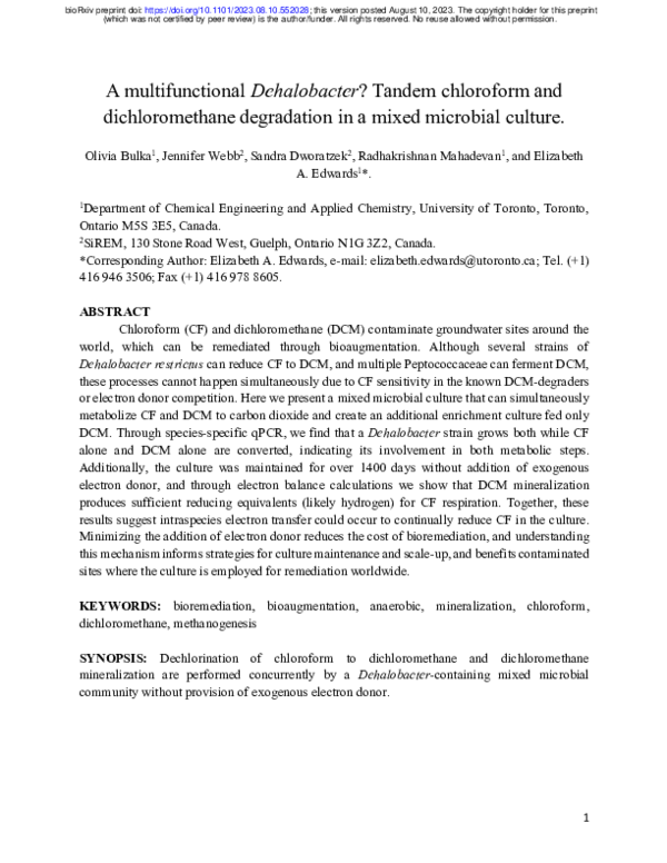(PDF) A multifunctional Dehalobacter? Tandem chloroform and ...
