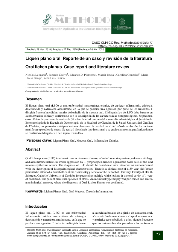 (PDF) Liquen plano oral. Reporte de un caso y revisión de la literatura