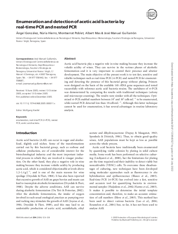 (PDF) Enumeration and detection of acetic acid bacteria by real-time PCR and nested PCR | Jose ...