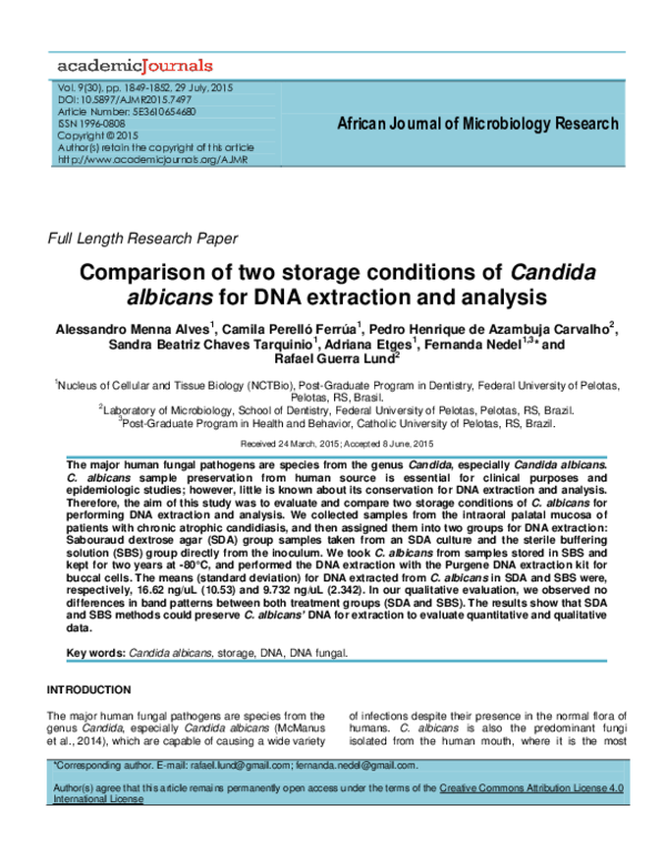 (PDF) Comparison of two storage conditions of Candida albicans for DNA ...
