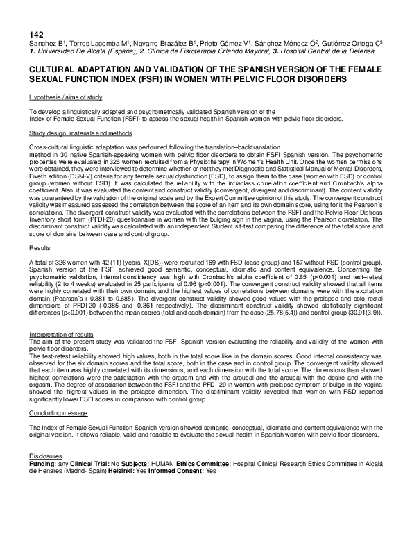 Pdf Cultural Adaptation And Validation Of The Spanish Version Of The Female Sexual Function