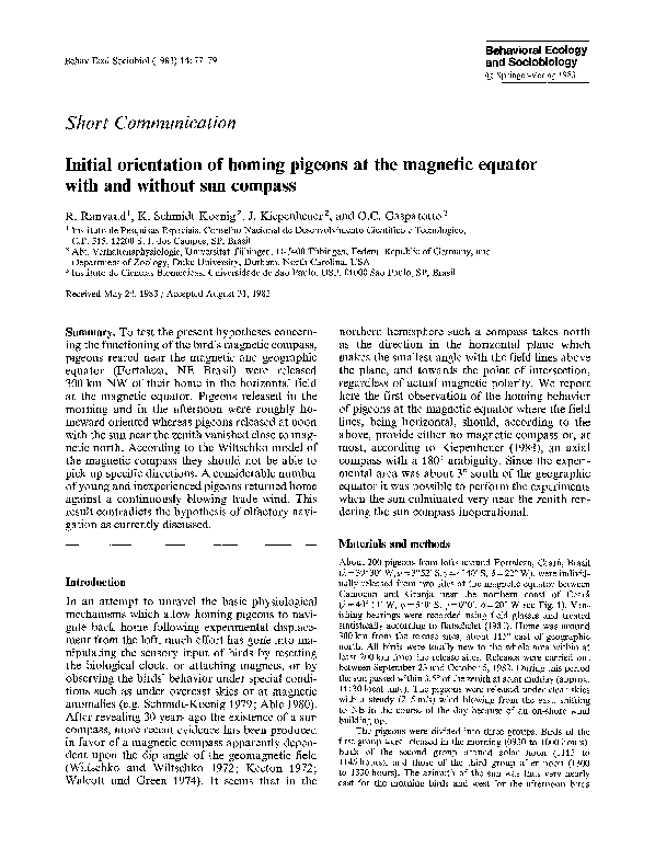 (PDF) Initial orientation of homing pigeons at the magnetic equator ...