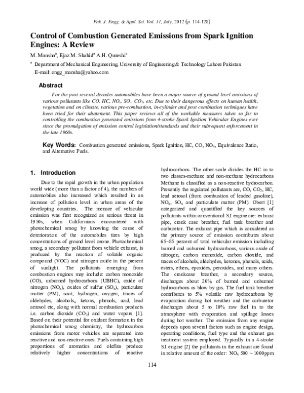 (PDF) Control of Combustion Generated Emissions from Spark Ignition Engines: A Review