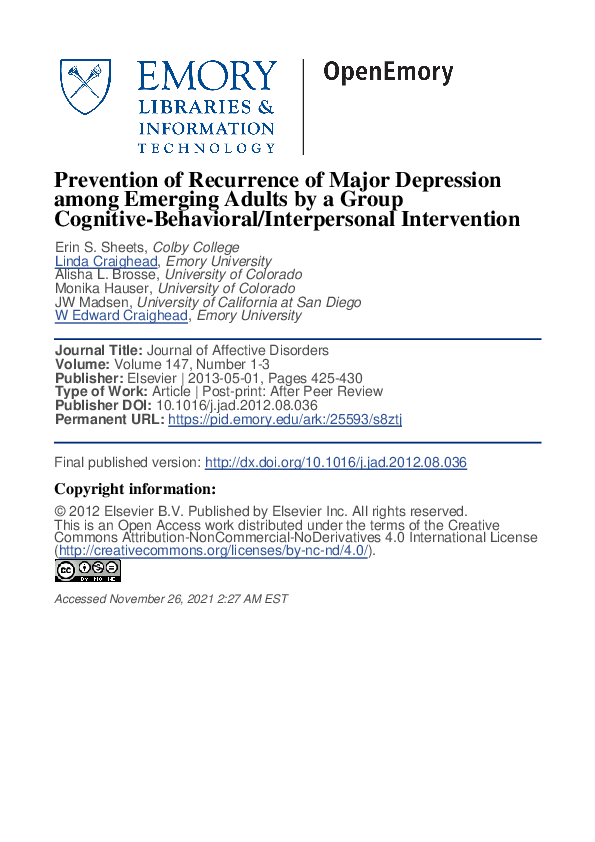 (PDF) Prevention of recurrence of major depression among emerging ...