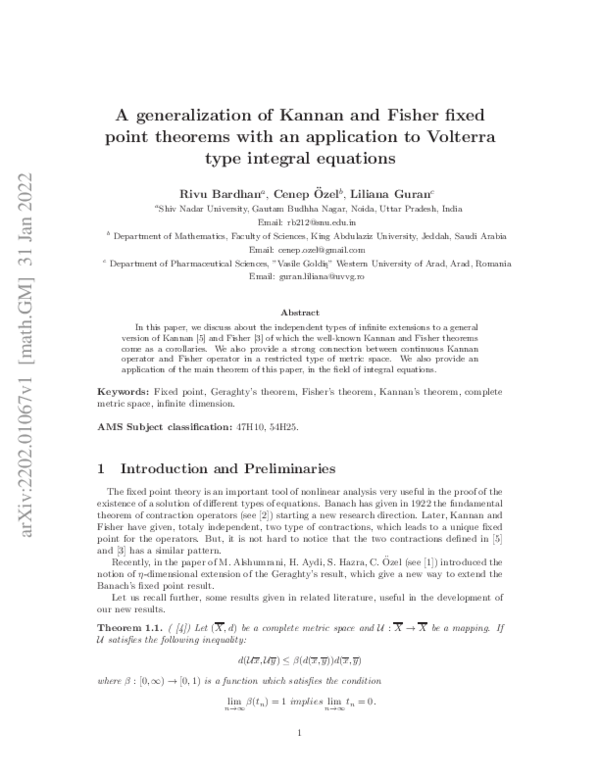 (PDF) A generalization of Kannan and Fisher fixed point theorems with an application to Volterra ...