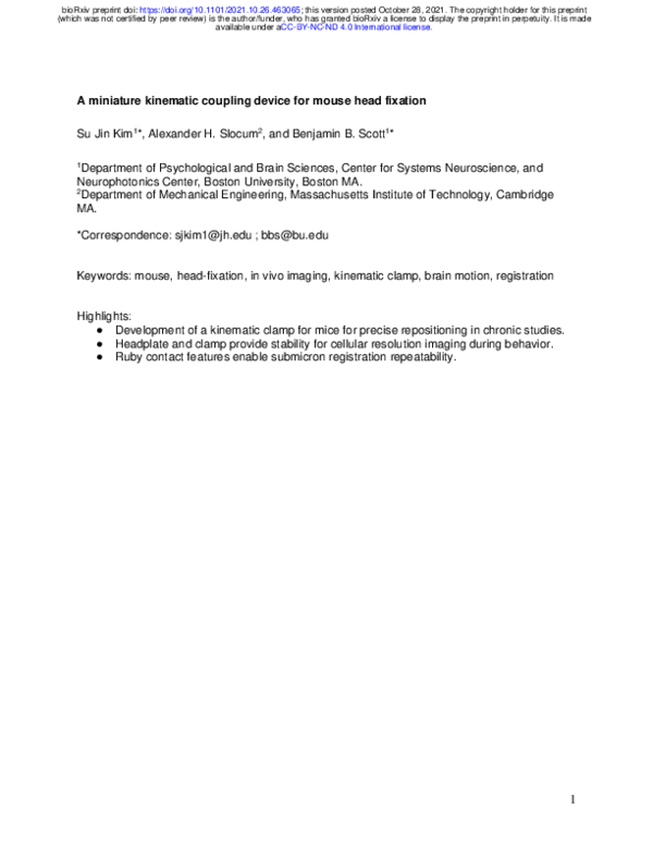 (PDF) A miniature kinematic coupling device for mouse head fixation