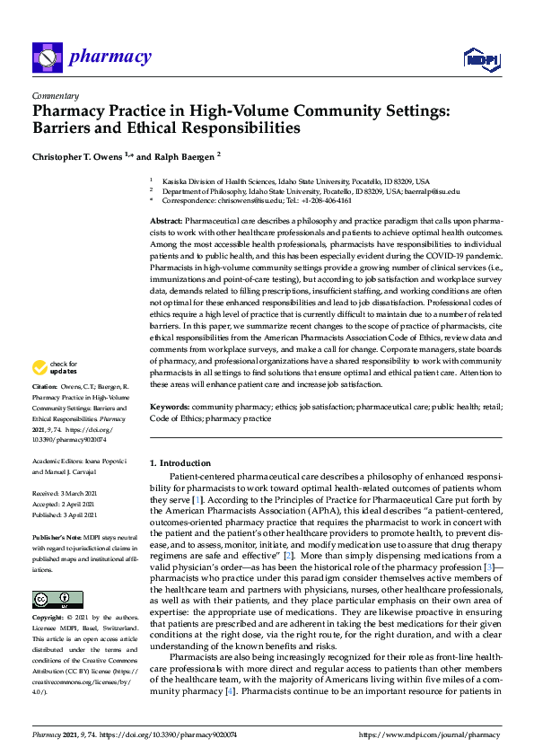 (PDF) Pharmacy Practice in High-Volume Community Settings: Barriers and ...