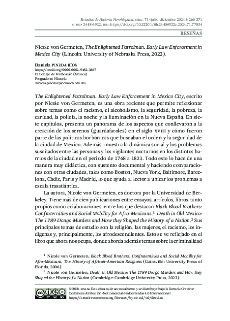 (PDF) Reseña, Nicole von Germeten, The Enlightened Patrolman. Early Law ...