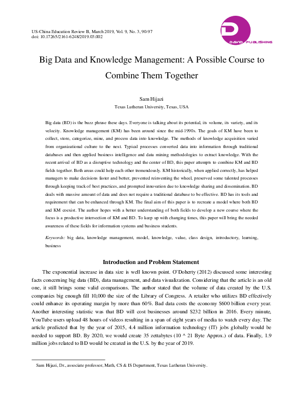 (PDF) “Big Knowledge!”: Knowledge Management and Big Data