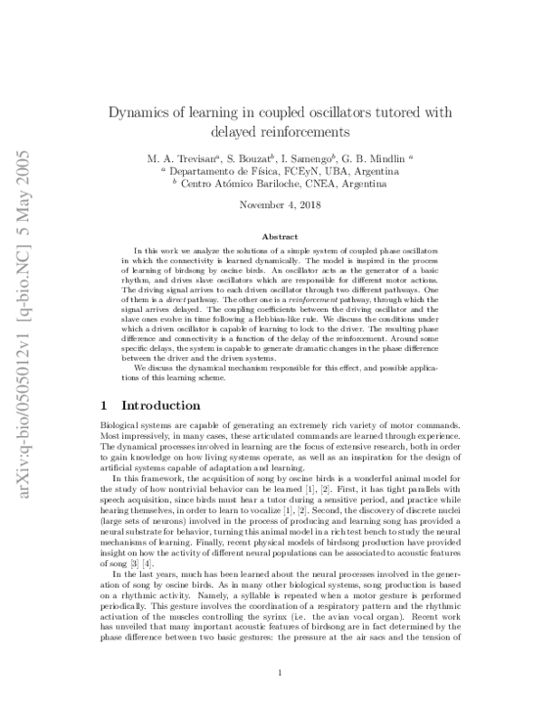 (PDF) Dynamics of learning in coupled oscillators tutored with delayed reinforcements