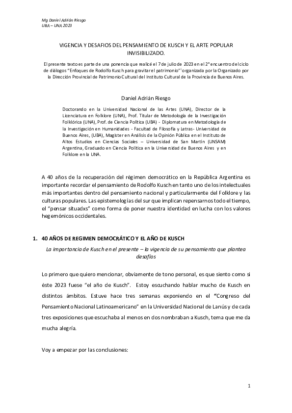 (PDF) VIGENCIA Y DESAFIOS DEL PENSAMIENTO DE KUSCH - DANIEL A RIESGO ...