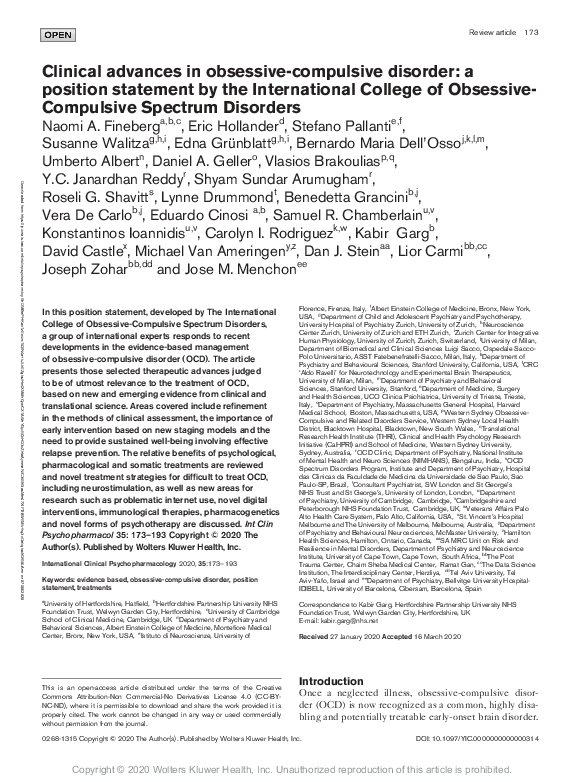(PDF) Clinical advances in obsessive-compulsive disorder: a position ...