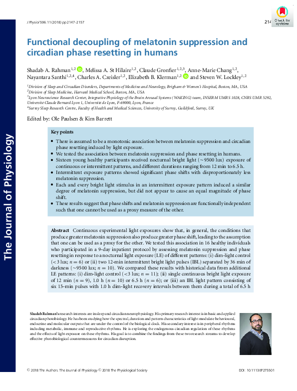 (PDF) Melatonin vs. Circadian Phase Response to Light