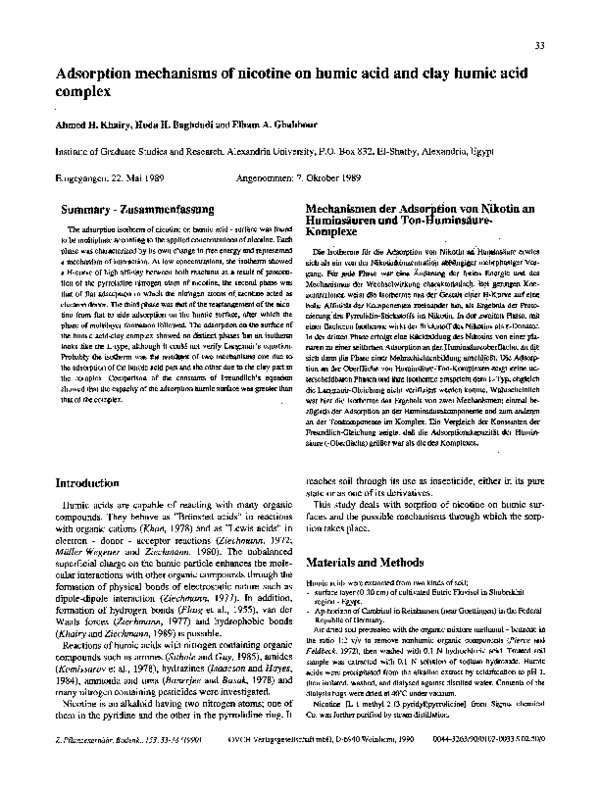 (PDF) Adsorption mechanisms of nicotine on humic acid and clay humic ...