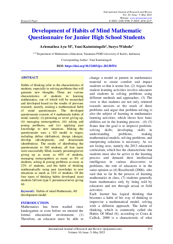 (PDF) Development of Habits of Mind Mathematic Questionnaire for Junior ...