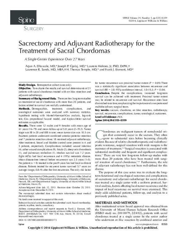 (PDF) Sacrectomy and Adjuvant Radiotherapy for the Treatment of Sacral ...