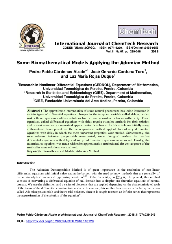 (PDF) Some Biomathematical Models Applying the Adomian Method