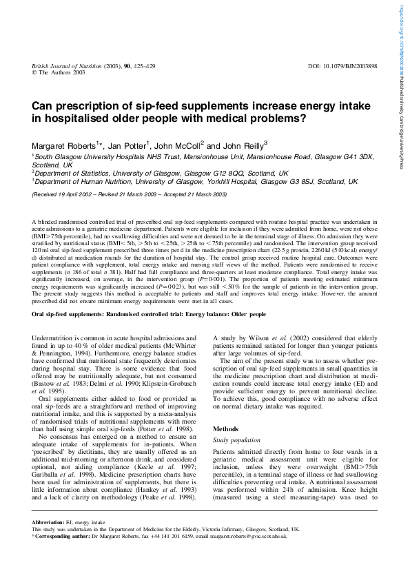 (PDF) Can prescription of sip-feed supplements increase energy intake ...