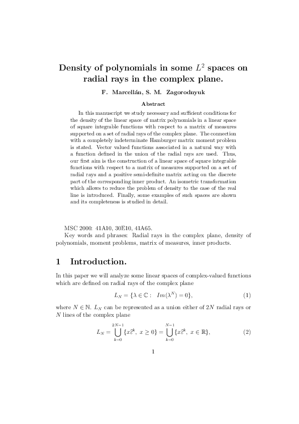 (PDF) Density of polynomials in some L2 spaces on radial rays in the complex plane