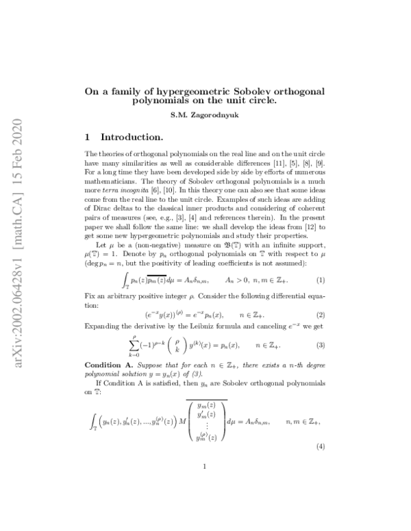 (PDF) On a Family of Hypergeometric Sobolev Orthogonal Polynomials on the Unit Circle | Sergey ...