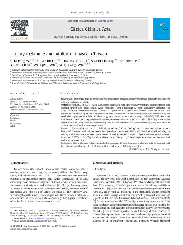 (PDF) Urinary melamine and adult urolithiasis in Taiwan