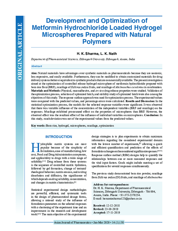 Pdf Development And Optimization Of Metformin Hydrochloride Loaded Hydrogel Microspheres