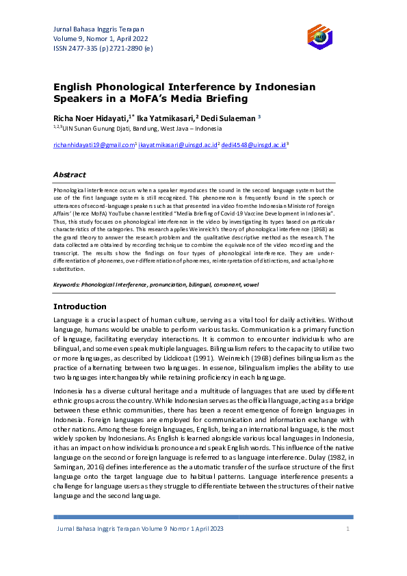 (PDF) English Phonological Interference by Indonesian Speakers in a MoFA’s Media Briefing