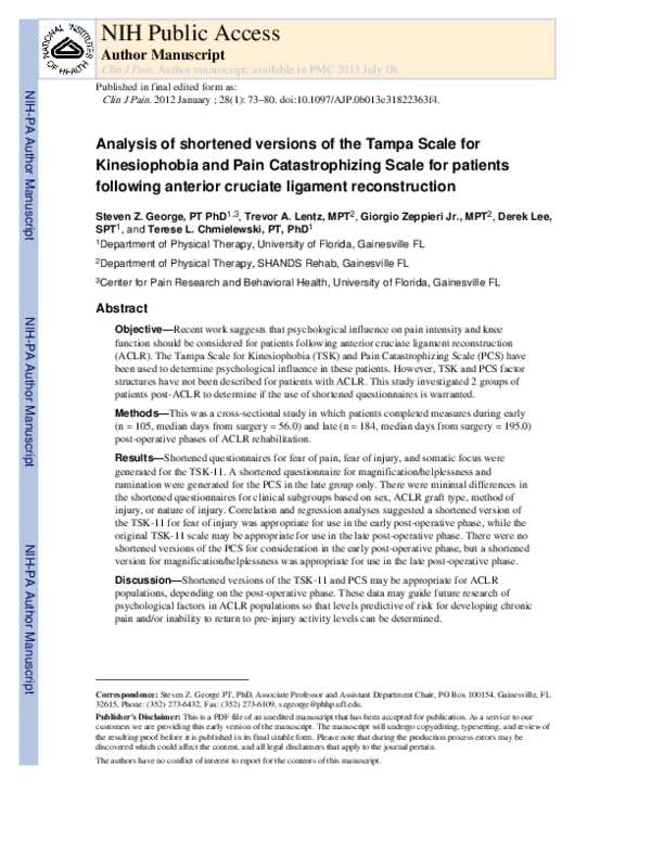 (PDF) Analysis of Shortened Versions of the Tampa Scale for ...